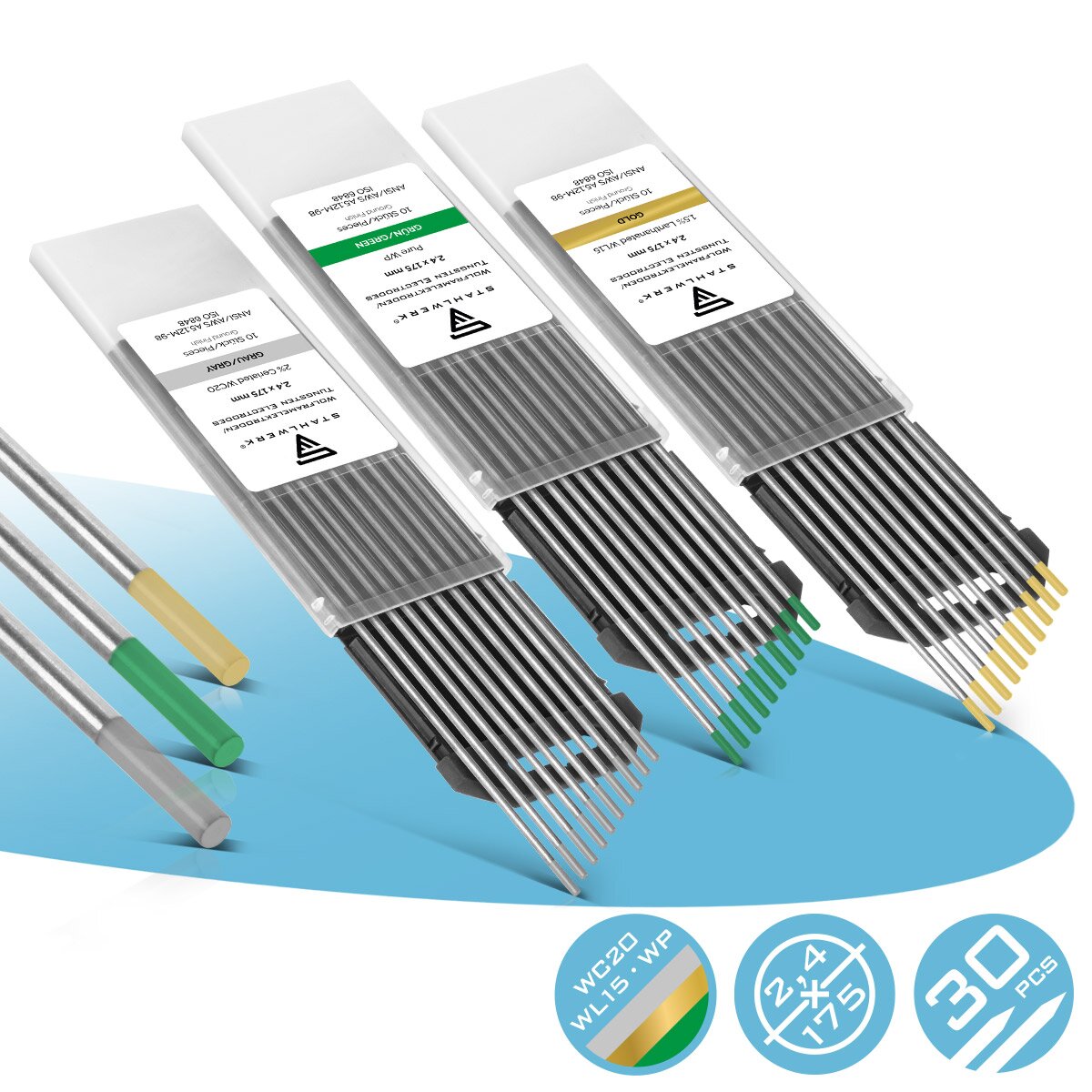 Wolfframelektroden Set STAHLWERK Grau WC20, Grün WP, Gold WL15 2,4 mm ...