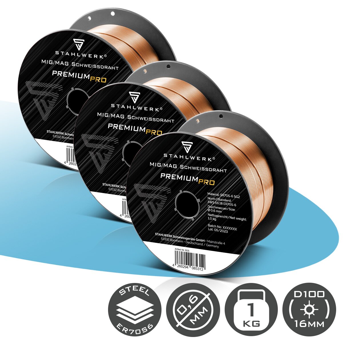STAHLWERK MIG MAG welding wire ER70S-6 SG2 Ø 0.6 mm S100 D100 1 kg set ...