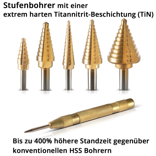 STAHLWERK HSS Stufenbohrer Kegelbohrer Set 6 Teile TiN-Beschichtung Se ...