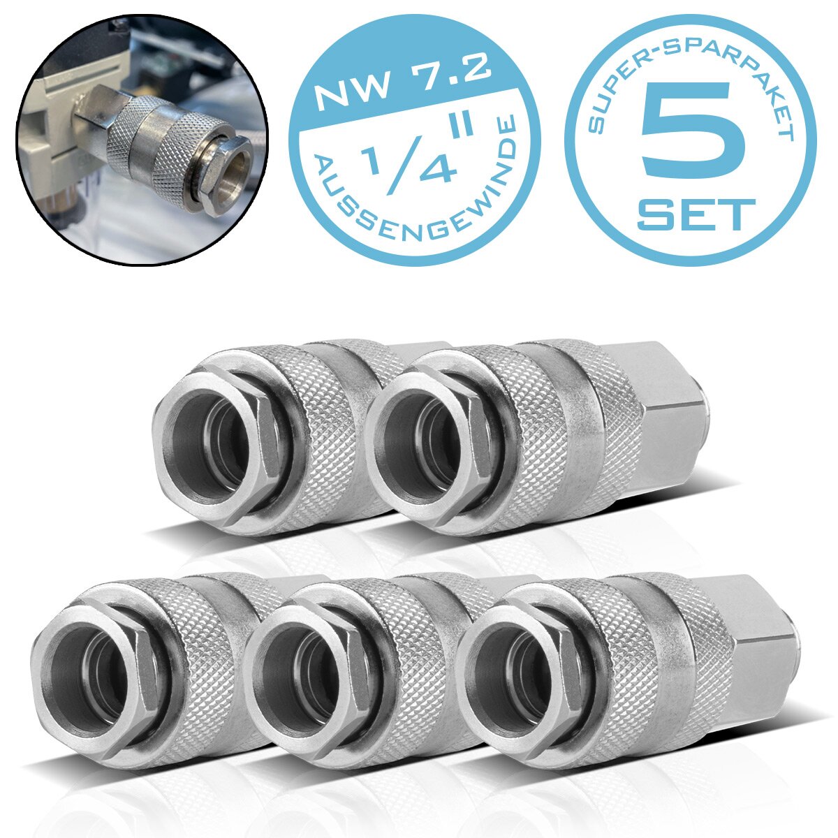 STAHLWERK 5er Set Druckluft Schnellkupplung NW 7.2 1/4 Zoll Stecknippe ...