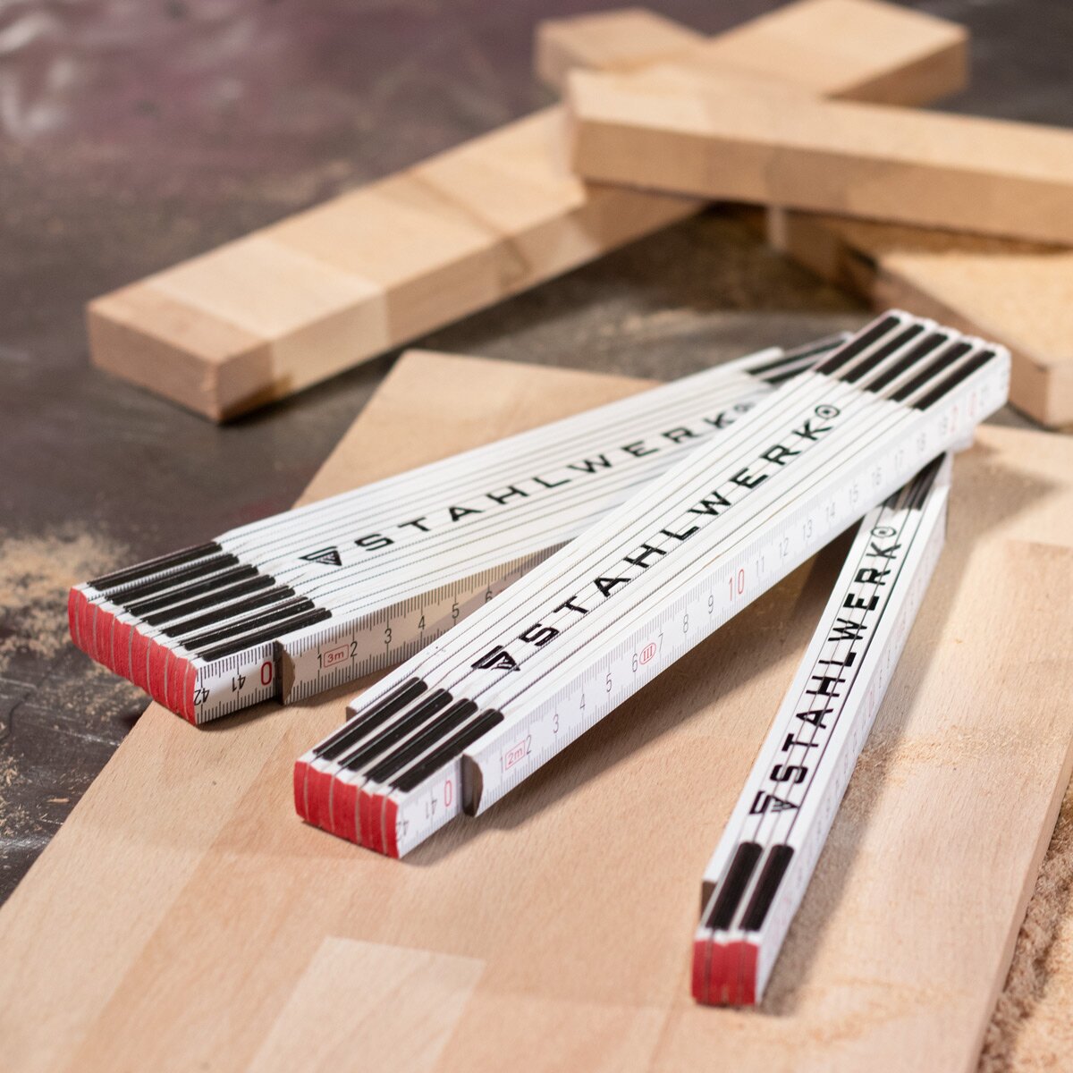 STAHLWERK Zollstock 3er Set 1 Meter Holz Gliedermaßstab Meterstab Maßs ...