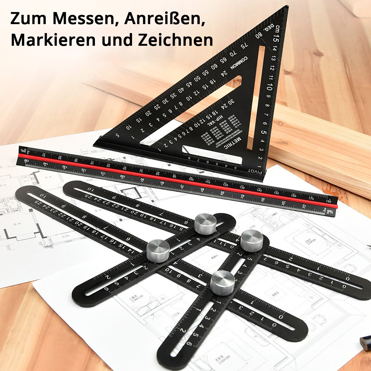 STAHLWERK Lineal Set mit Multiwinkel-Messlineal Dreikant-Lineal Winkel ...